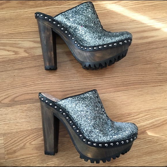 Miu Miu | Shoes | Studded Miu Miu Silver Glitter Wood Platform Mule ...